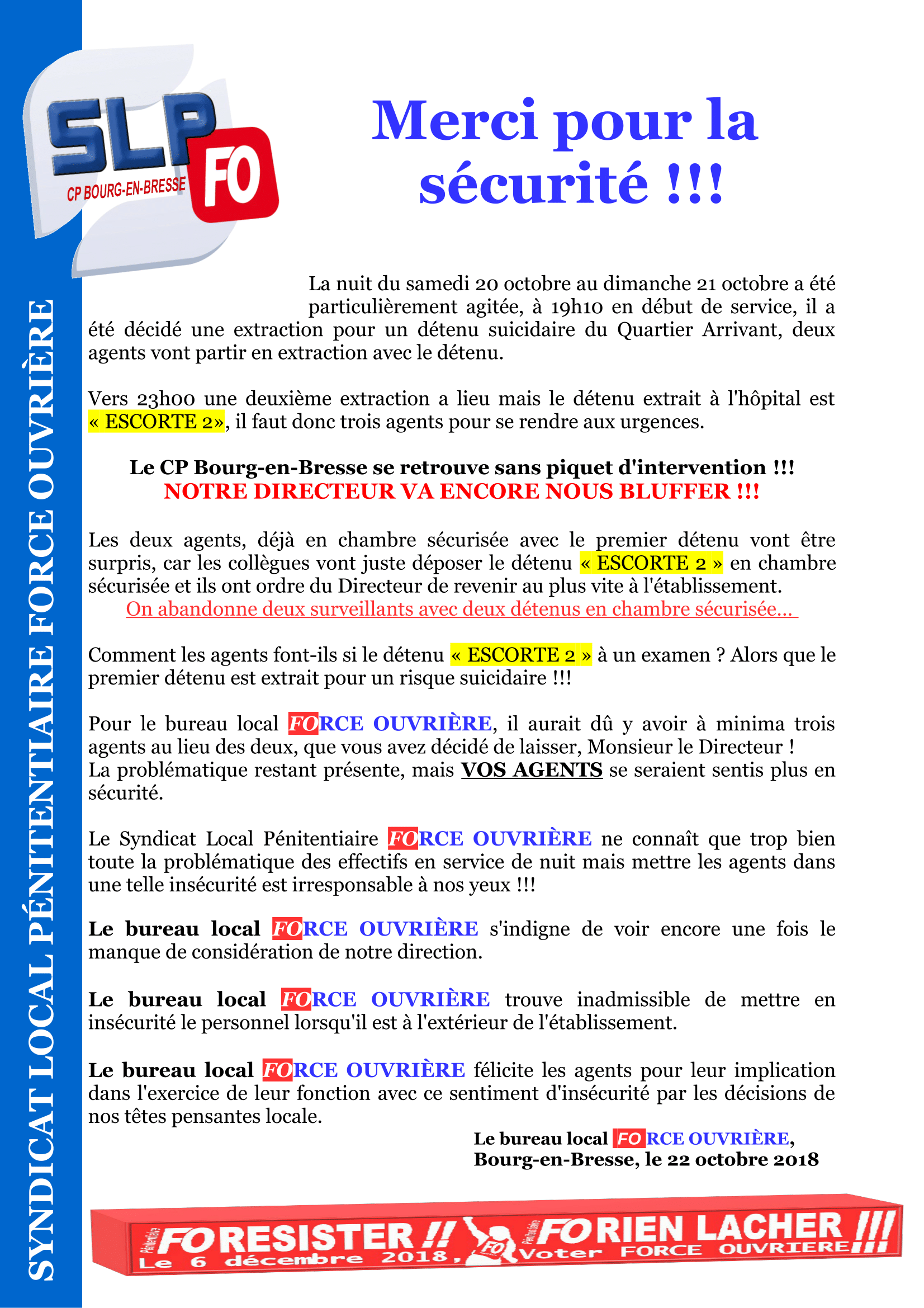 CP Bourg-en-Bresse : merci pour la sécurité ! – FO Justice Lyon